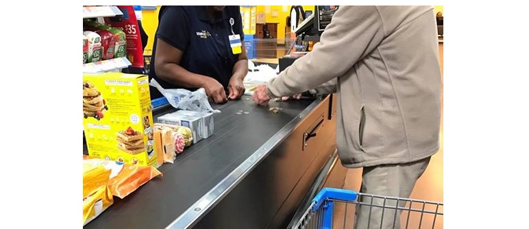 The shy old man counted slowly at the cash register to pay his money ...